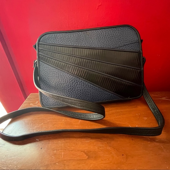 Bags | Vintage Purse Side Satchel Navy Blue And Black | Poshmark